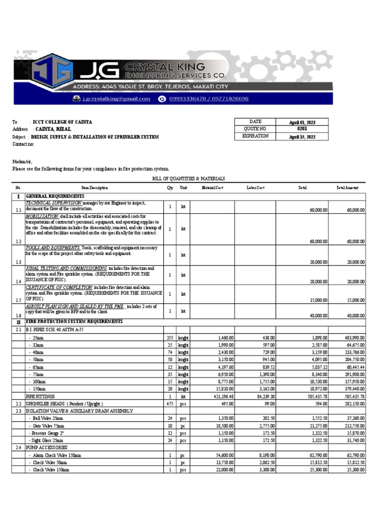 Sprinkler System Installation Quote | PDF | Valve | Fire Sprinkler System