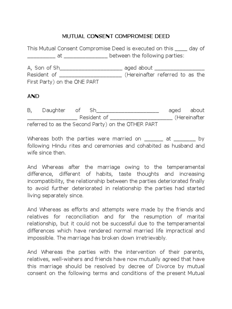 MUTUAL CONSENT COMPROMISE DEED | PDF | Alimony | Kinship And Descent