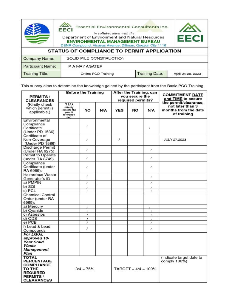 Status of Compliance To Permit Application: Department of Environment and Natural Resources ...