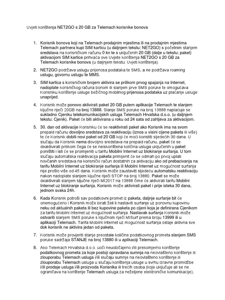 Uvjeti Koristenja NET2GO S 20 GB Za Telemach Korisnike Bonova | PDF