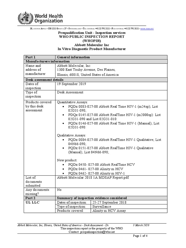 WHO Inspection Report: Abbott Molecular | PDF | Medical Device ...