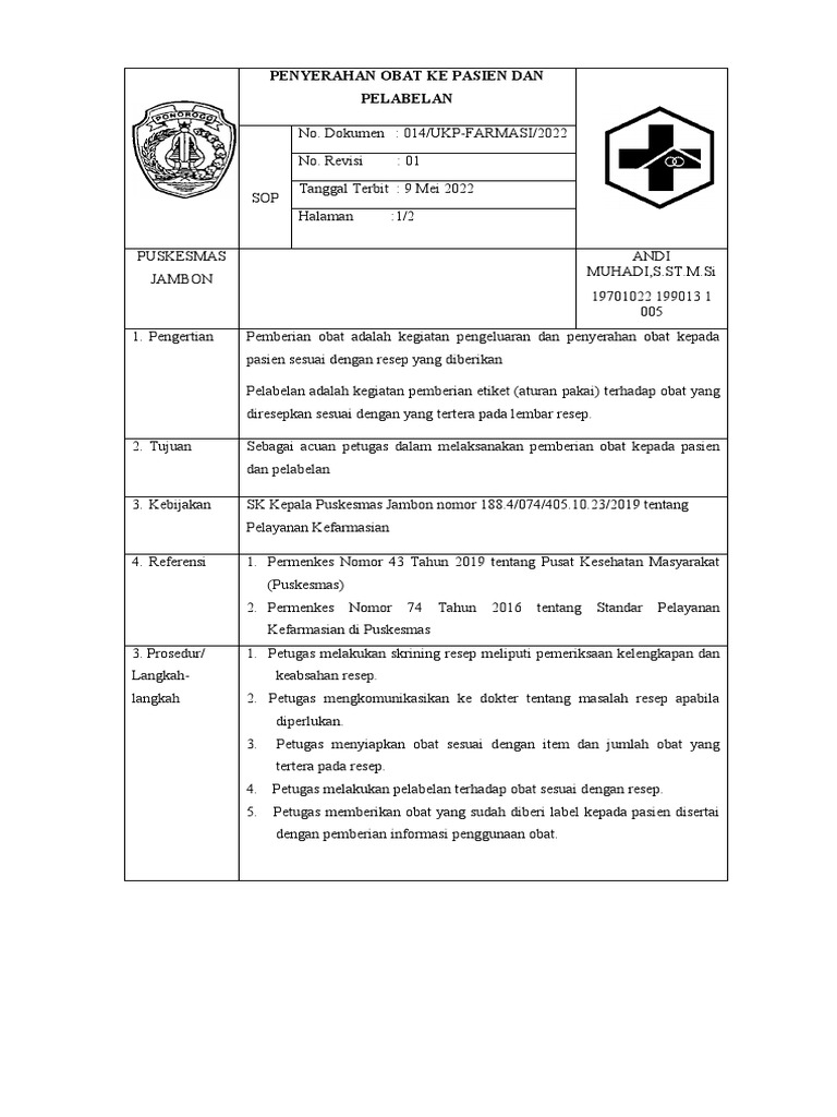 SOP Penyerahan OBAT KE PASIEN DAN PELABELAN | PDF