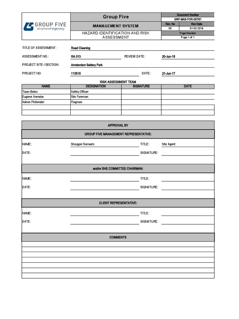 Road Cleaning Risk Assessment | PDF | Risk | Hazards