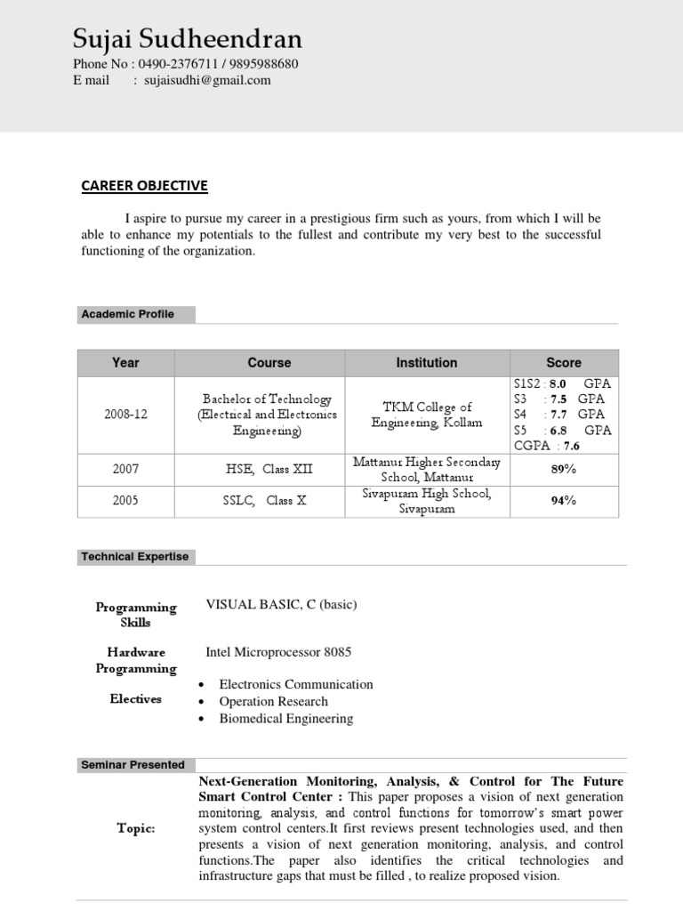 Electrical Engineering Resume of Sujai Sudheendran | PDF | Institute Of ...