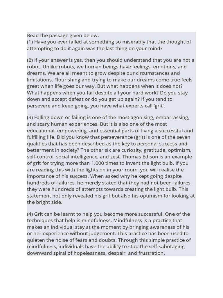 Passage 1 | PDF | Grit (Personality Trait) | Mindfulness