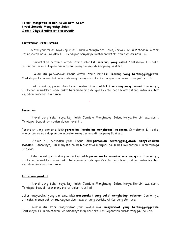 Teknik Menjawab Soalan Novel SPM KSSM Novel Jendela Menghadap Jalan ...