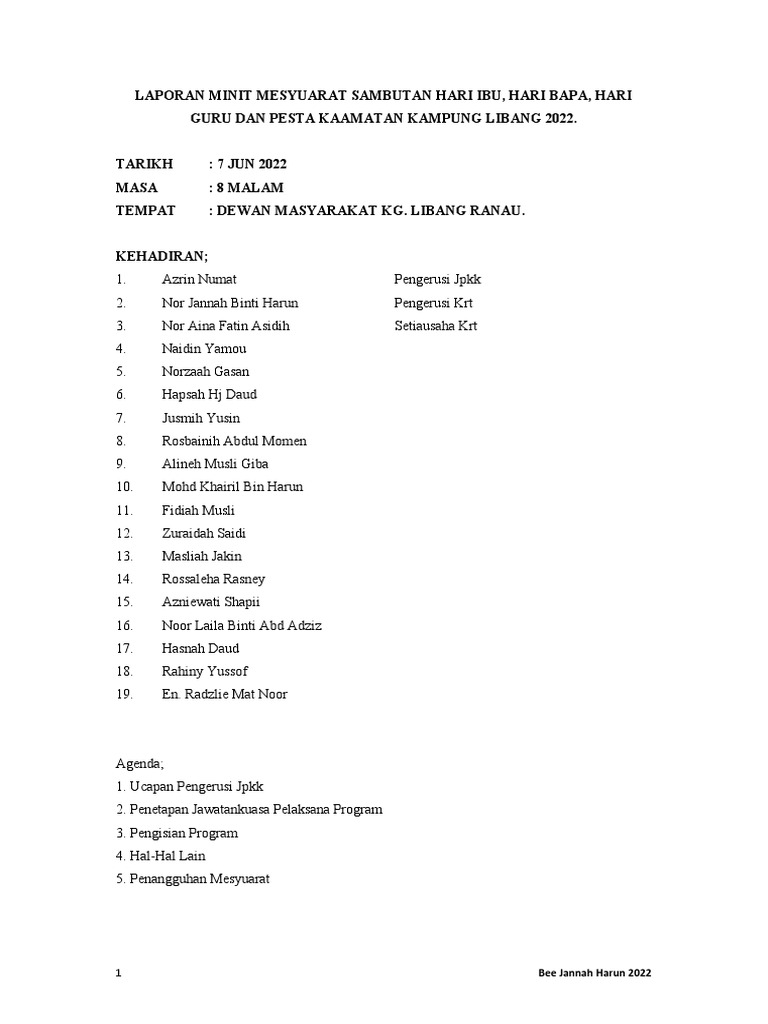 Laporan Minit Mesyuarat Sambutan Hari Ibu | PDF