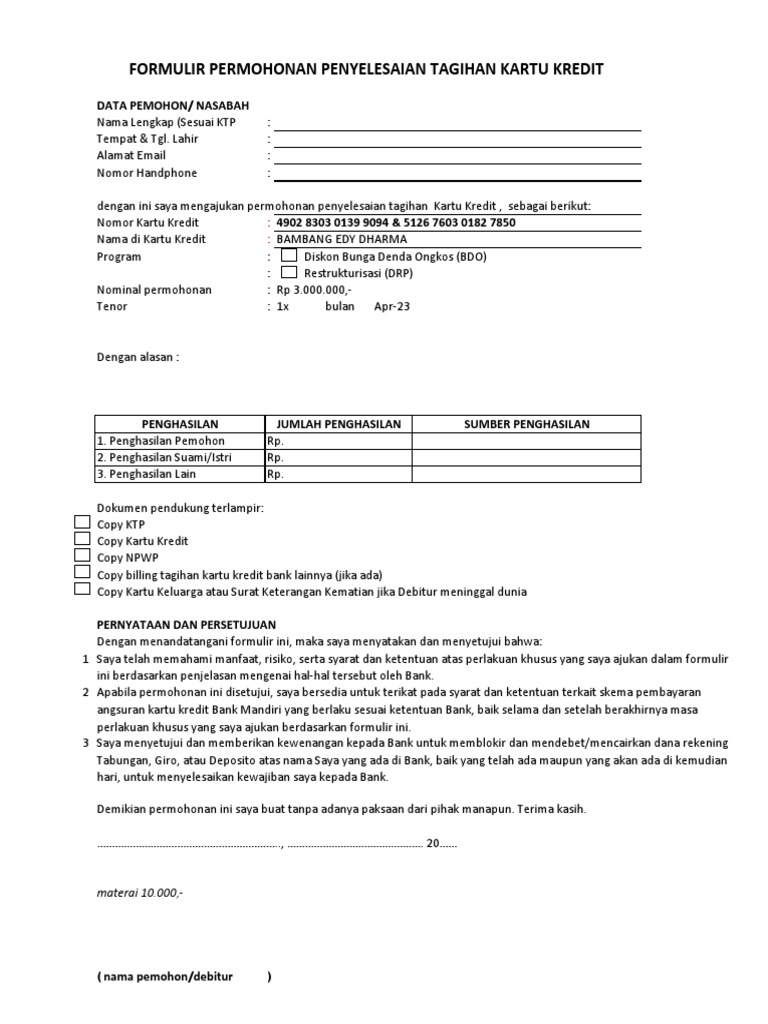 Surat Permohonan Penyelesaian Tagihan KK New Fix | PDF