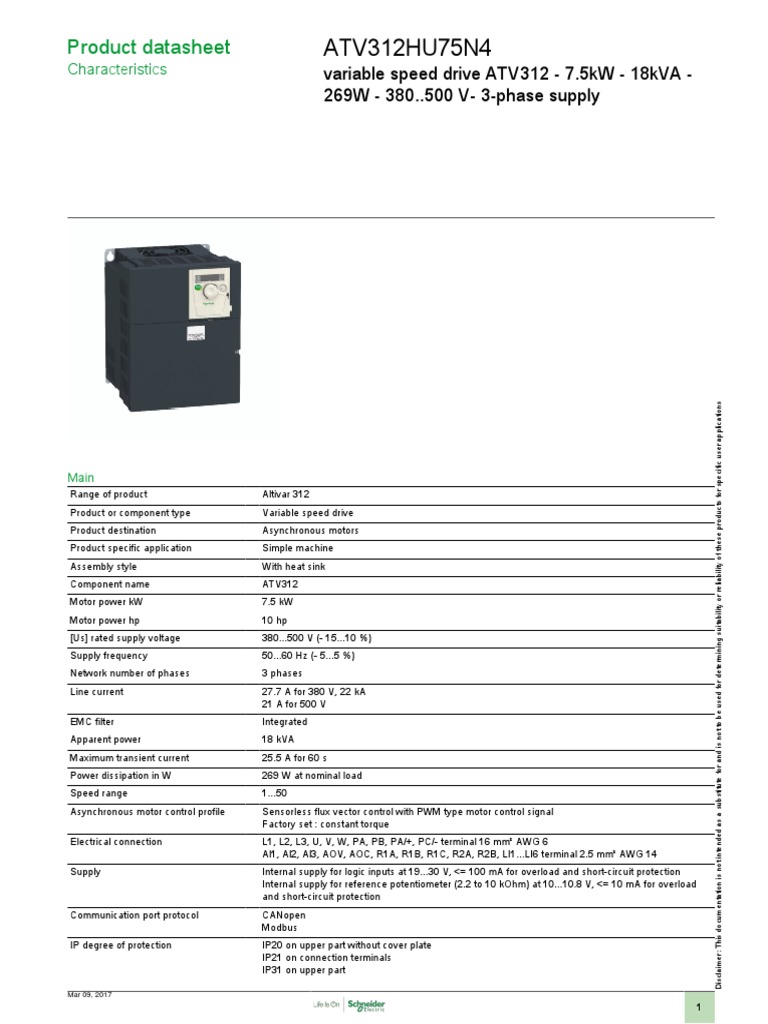 ATV312 7.5kW Variable Speed Drive Datasheet | PDF