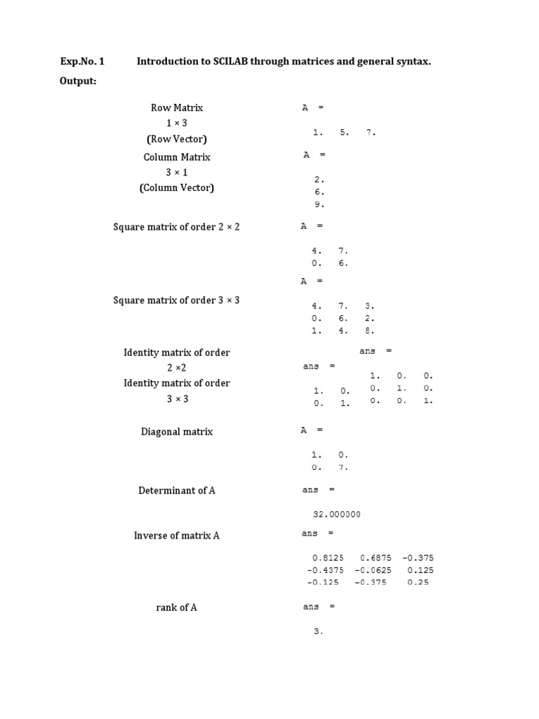 Scilab Outputs Pdf Matrix Mathematics Eigenvalues And Eigenvectors