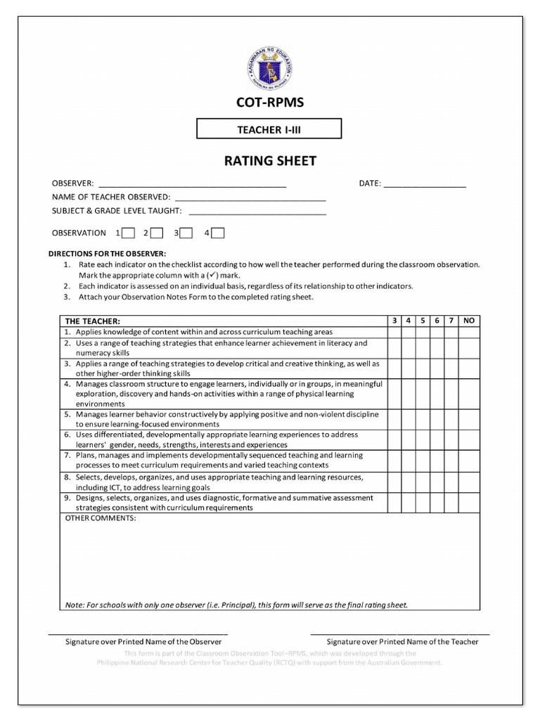 Rating Sheet Cot PDF