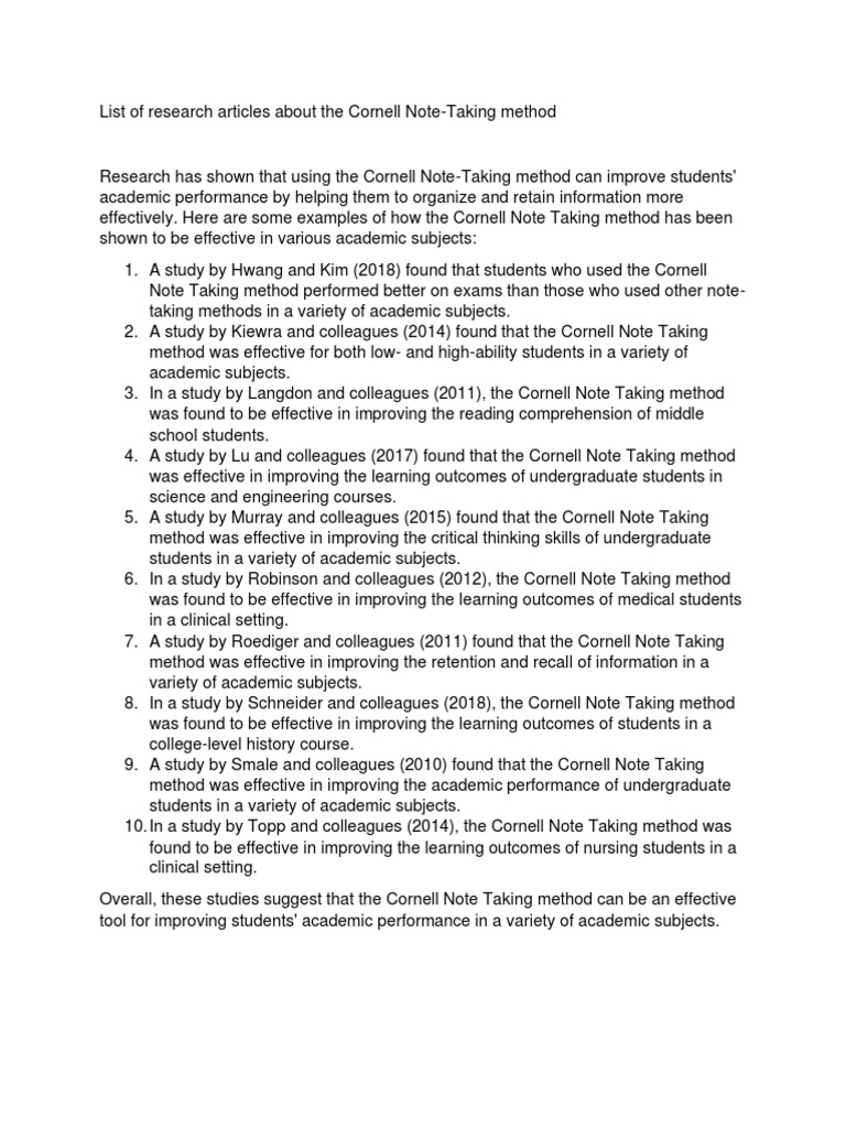 List of research articles about the Cornell Note-Taking method | PDF ...