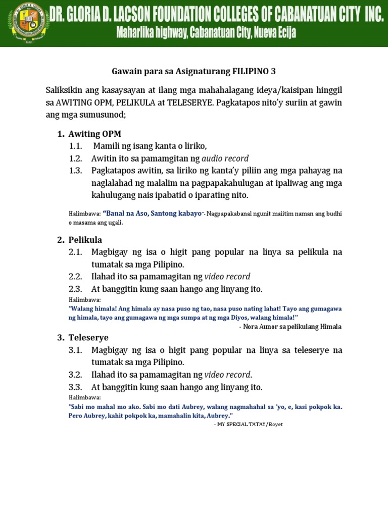 Gawain para Sa Asignaturang FILIPINO 3 | PDF