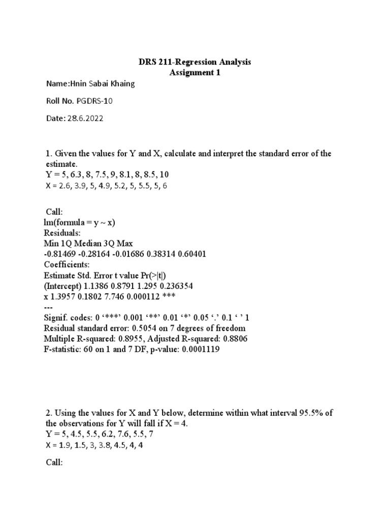 DRS 211-Regression Analysis Assignment 1 | PDF