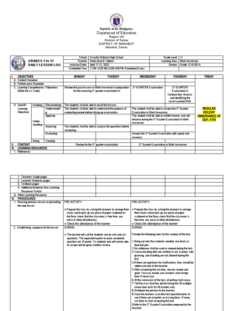 Grade 12 Work Immersion Lesson Plan | PDF