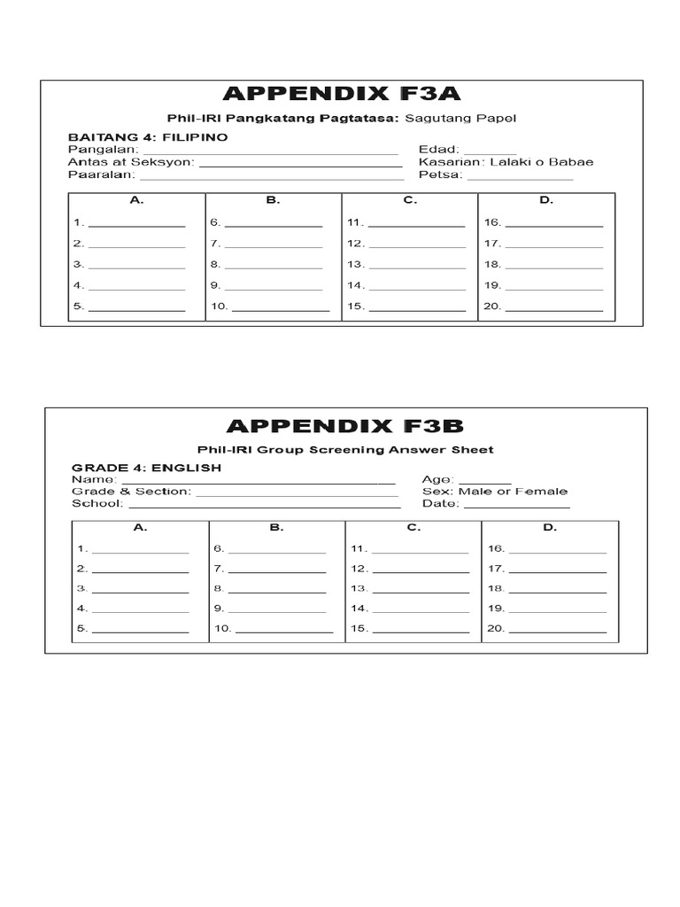 Grade 4 PHIL-IRI Group Screening Answer Sheets | PDF