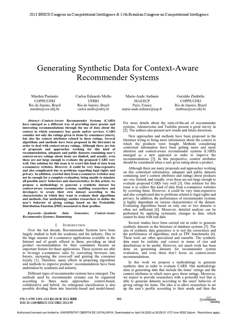 Generating Synthetic Data For Context-Aware Recommender Systems | PDF | Probability Density ...