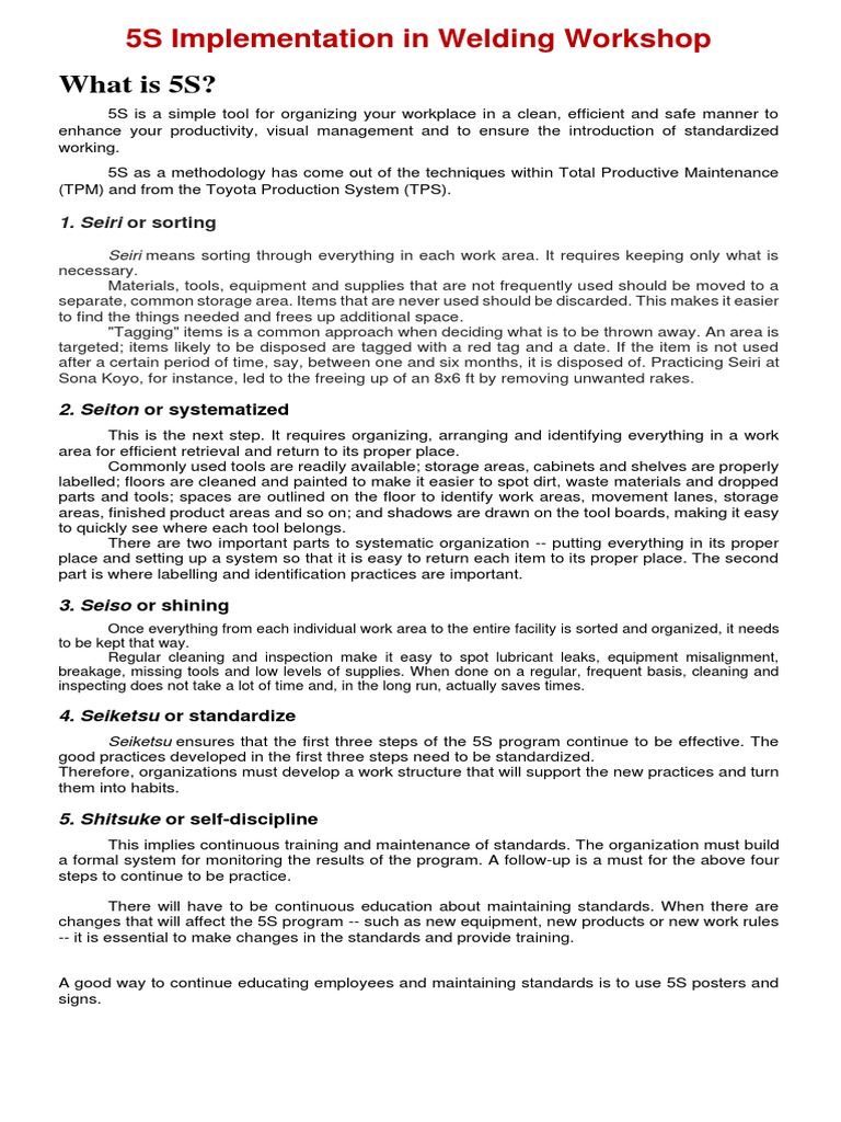 What Is 5S?: 5S Implementation in Welding Workshop | PDF | Business Process | Secondary Sector ...