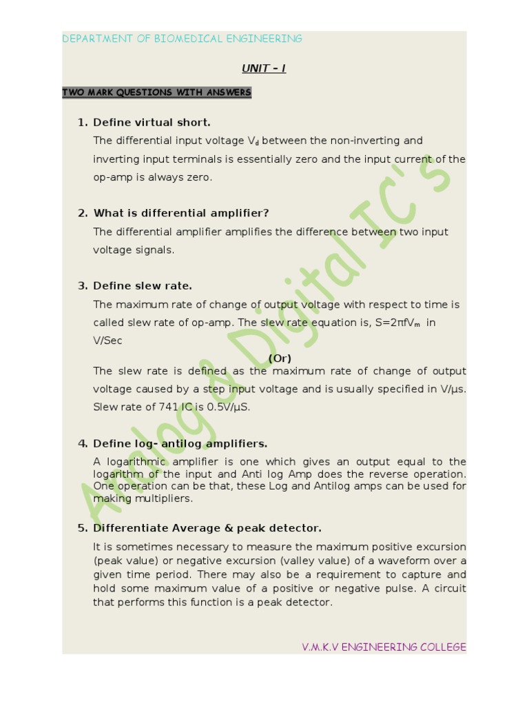 Biomedical Engineering Unit I Two Mark Questions Pdf Operational