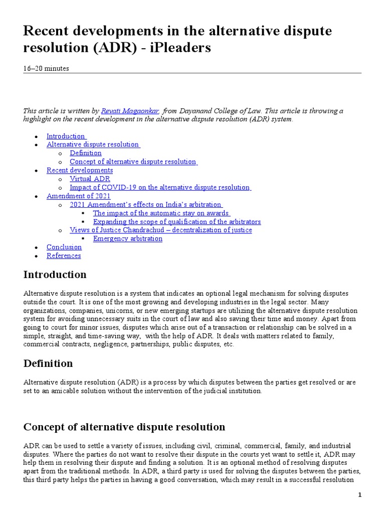 Recent Developments in The Alternative Dispute Resolution (ADR) | PDF | Alternative Dispute ...