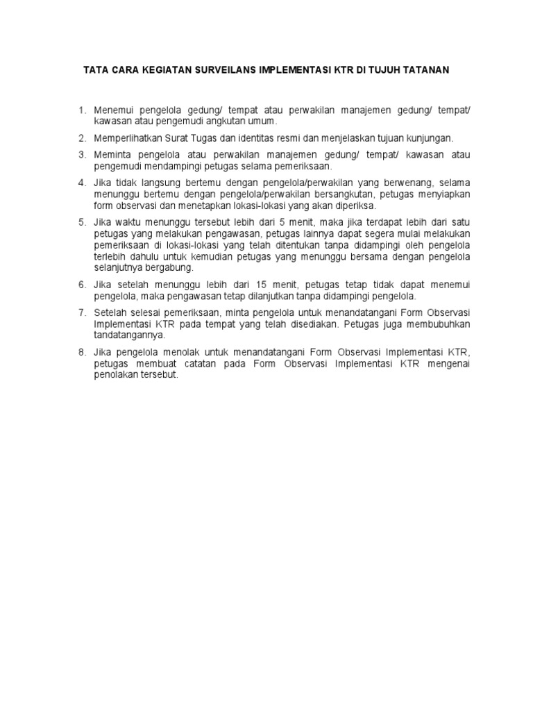 Tata Cara Kegiatan Surveilans Implementasi KTR Di Tujuh Tatanan | PDF