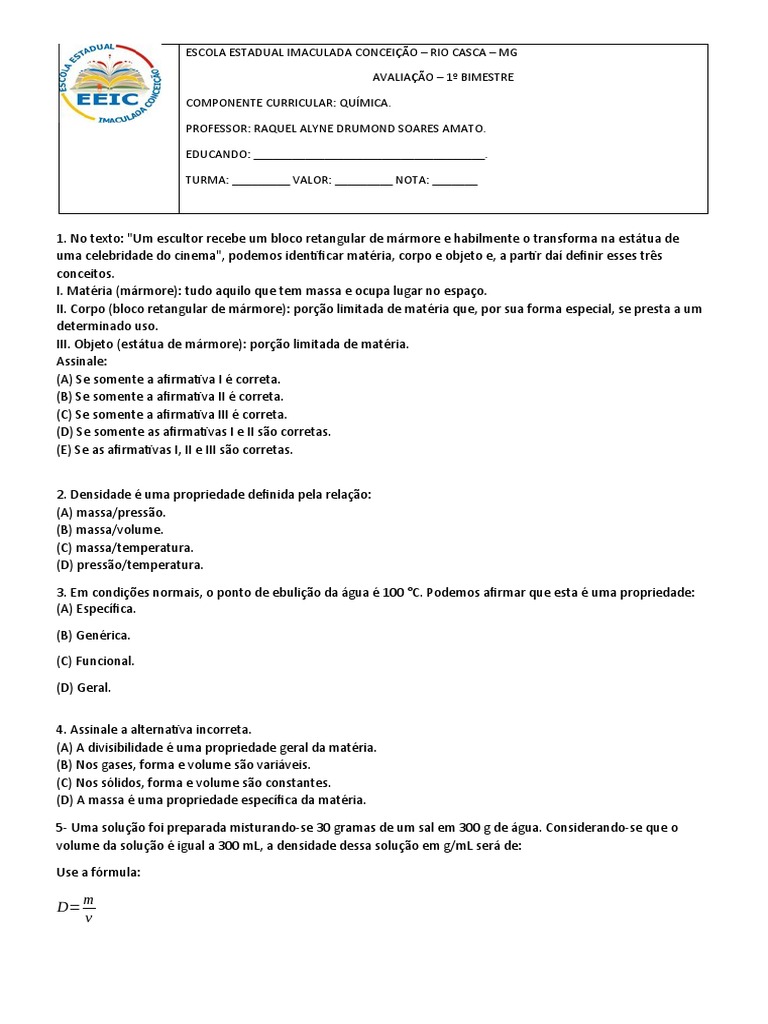 Avaliação De Química 1 Ano 8 0 Pdf Matéria Densidade