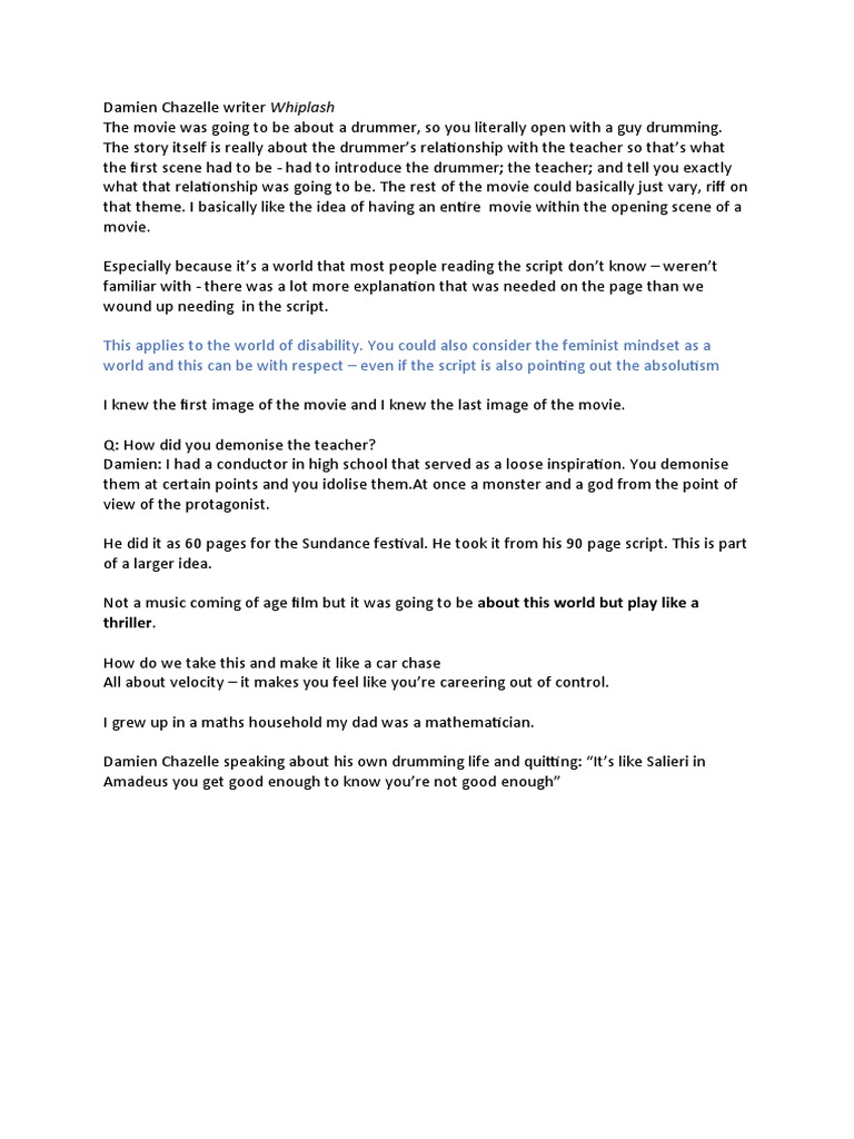 Damien Chazelle Writer Whiplash | PDF