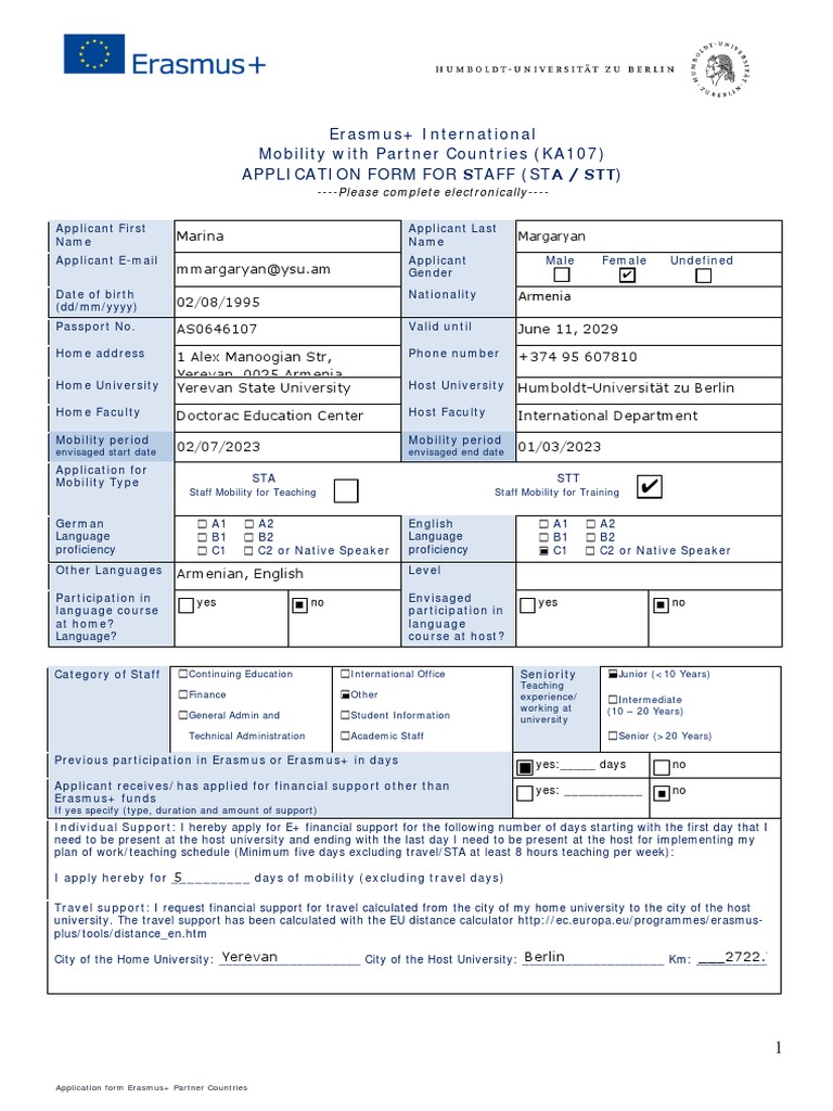 Erasmus+ International Mobility With Partner Countries (KA107) Application Form For Staff (Sta ...