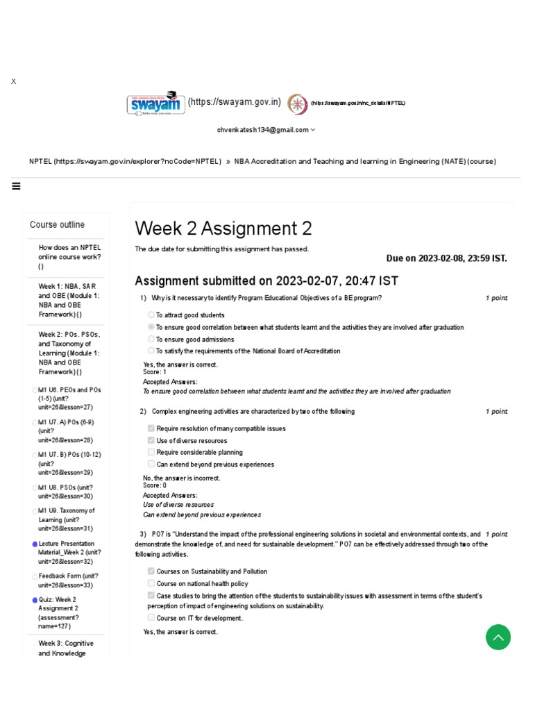 Week 2 Assignment 2: Assignment Submitted On 2023-02-07, 20:47 IST | PDF | Sustainability ...
