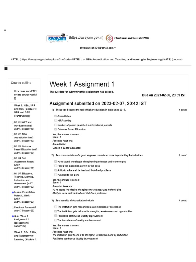Week 1 Assignment 1: Assignment Submitted On 2023-02-07, 20:42 IST | PDF | Teachers | Learning