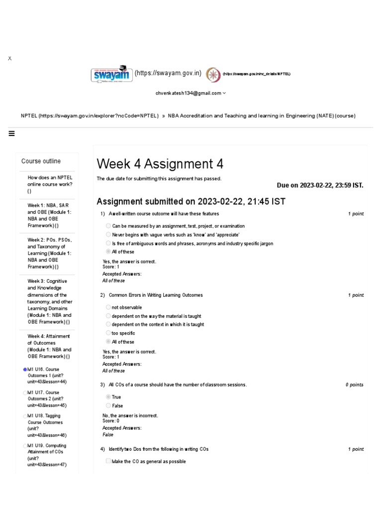 Week 4 Assignment 4: Assignment Submitted On 2023-02-22, 21:45 IST | PDF | Knowledge | Learning