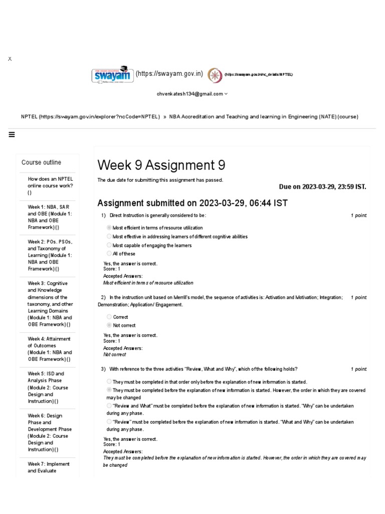 Week 9 Assignment 9: Assignment Submitted On 2023-03-29, 06:44 IST | PDF | Learning | Change