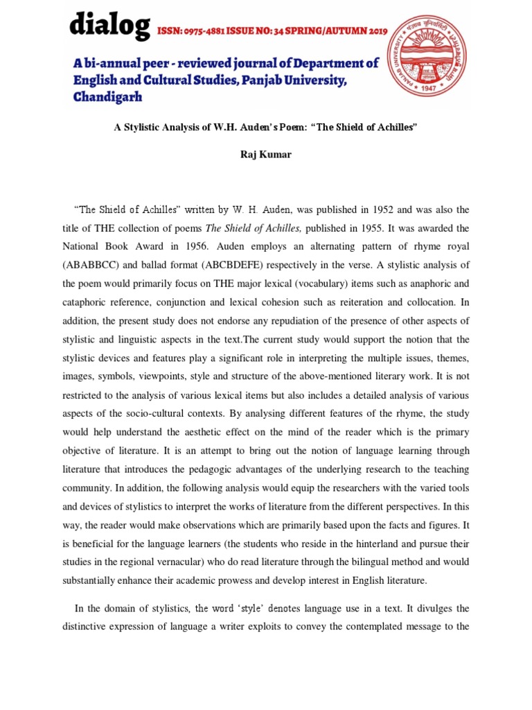 12.raj Kumar A STYLISTIC ANALYSIS OF W.H.AUDENS POEM THE SHIELD OF ACHILLES | PDF | Linguistics ...