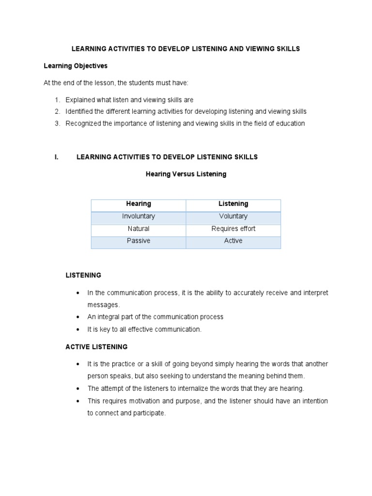 Learning Activities To Develop Listening and Viewing Skills Learning ...