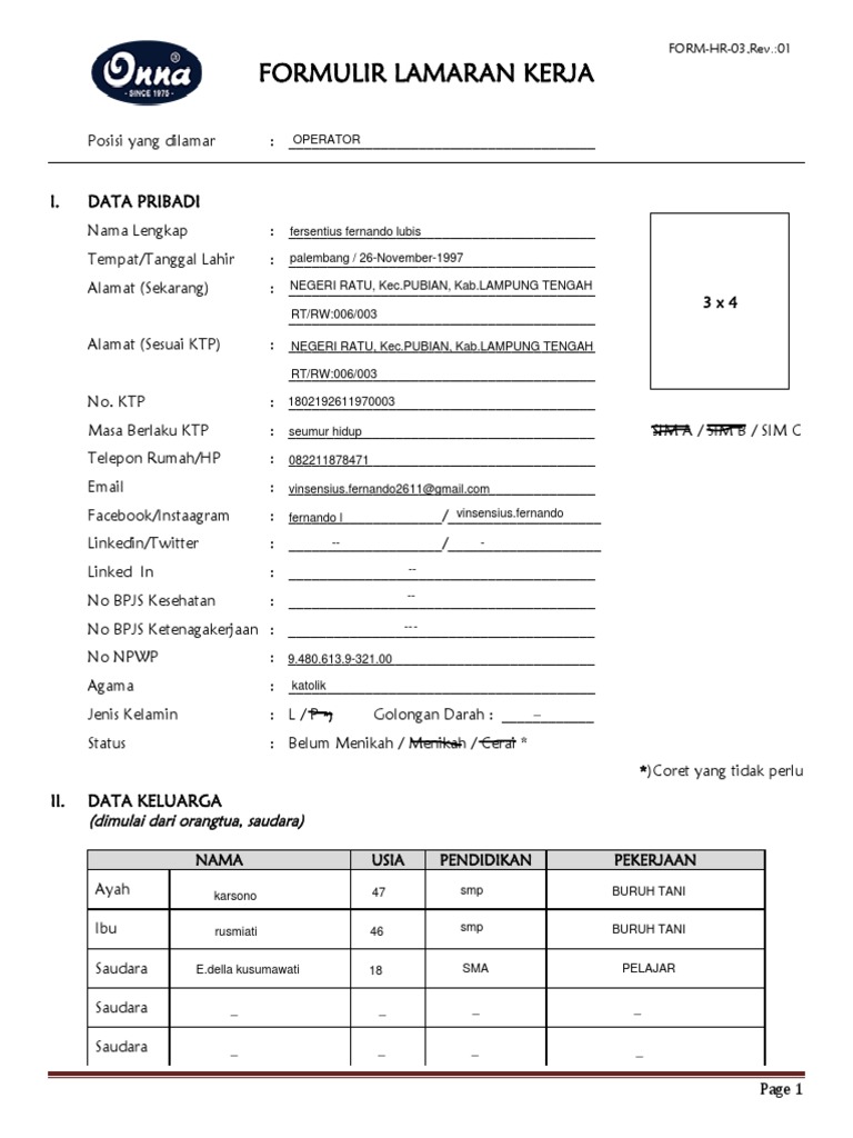 Formulir Lamaran Kerja Lengkap | PDF