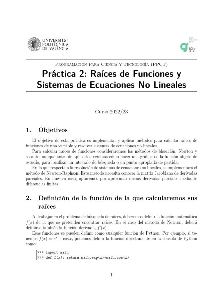 Práctica 2. Raíces de Funciones y Sistemas de Ecuaciones No Lineales | PDF | Derivado | Ecuaciones