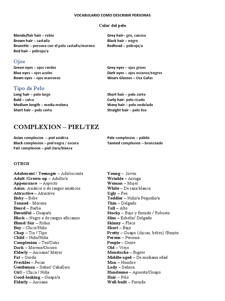 VOCABULARIO COMO DESCRIBIR PERSONAS (Recuperado Automáticamente) | PDF ...
