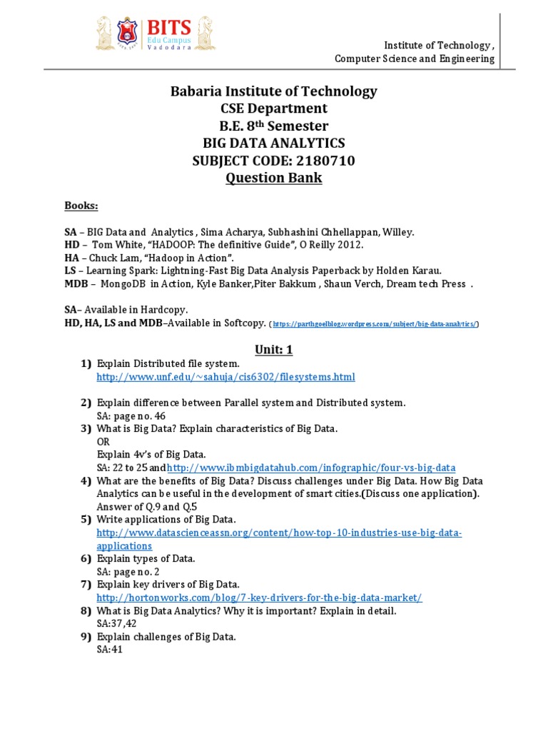 Question Bank - Big Data Analytics - Final1 | PDF | Apache Hadoop | Map Reduce