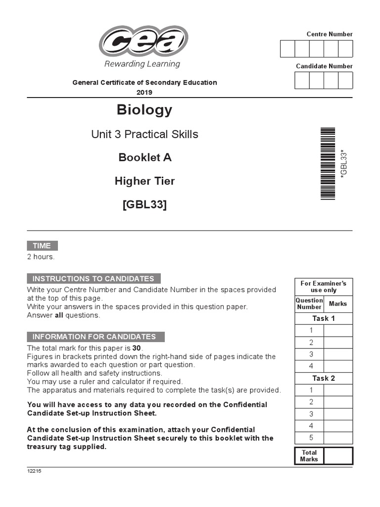 GCSE-Biology-7-Summer2019-Higher Tier, Unit 3 - Practical Skills (Booklet A) - Paper-3 | PDF ...