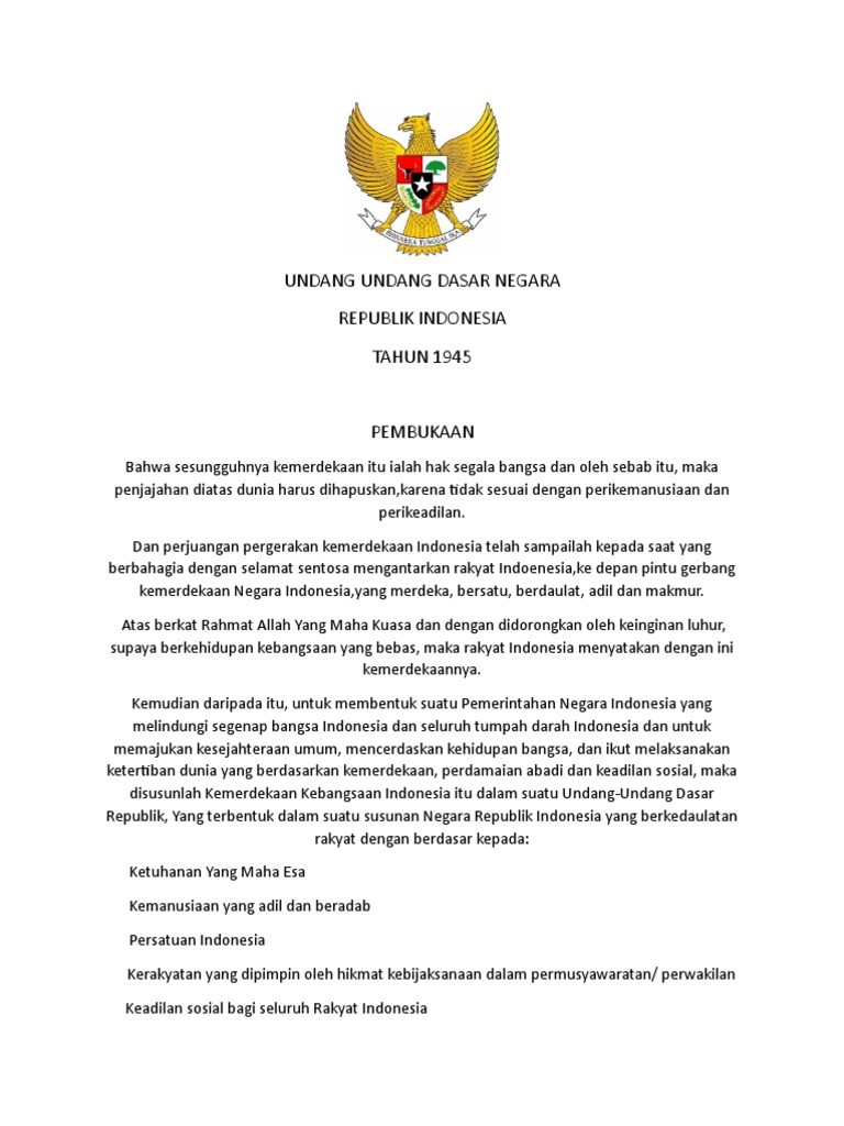 Undang Undang Dasar Negara Republik Indonesia TAHUN 1945 Pembukaan | PDF
