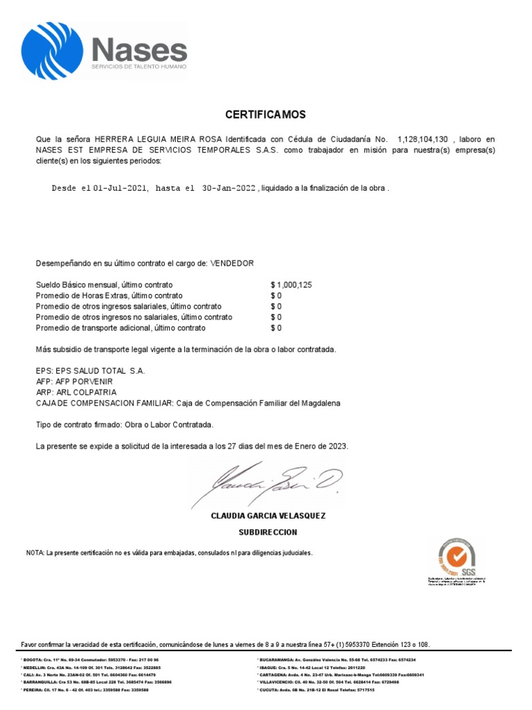 Certificado Laboral Nases | PDF | Estándares de telecomunicaciones ...