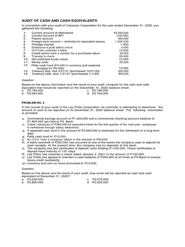 Cash and Cash Equivalents Audit Summary | PDF | Cheque | Banks