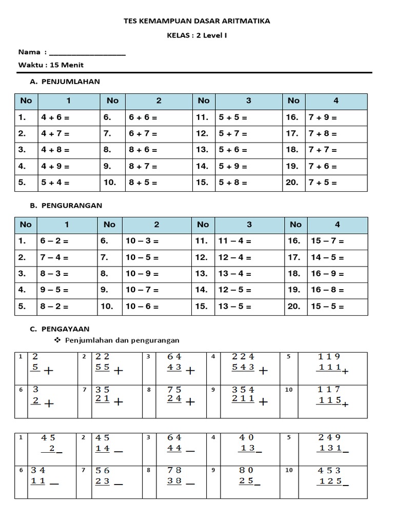 TES KEMAMPUAN DASAR ARITMATIKA Kelas 2 | PDF