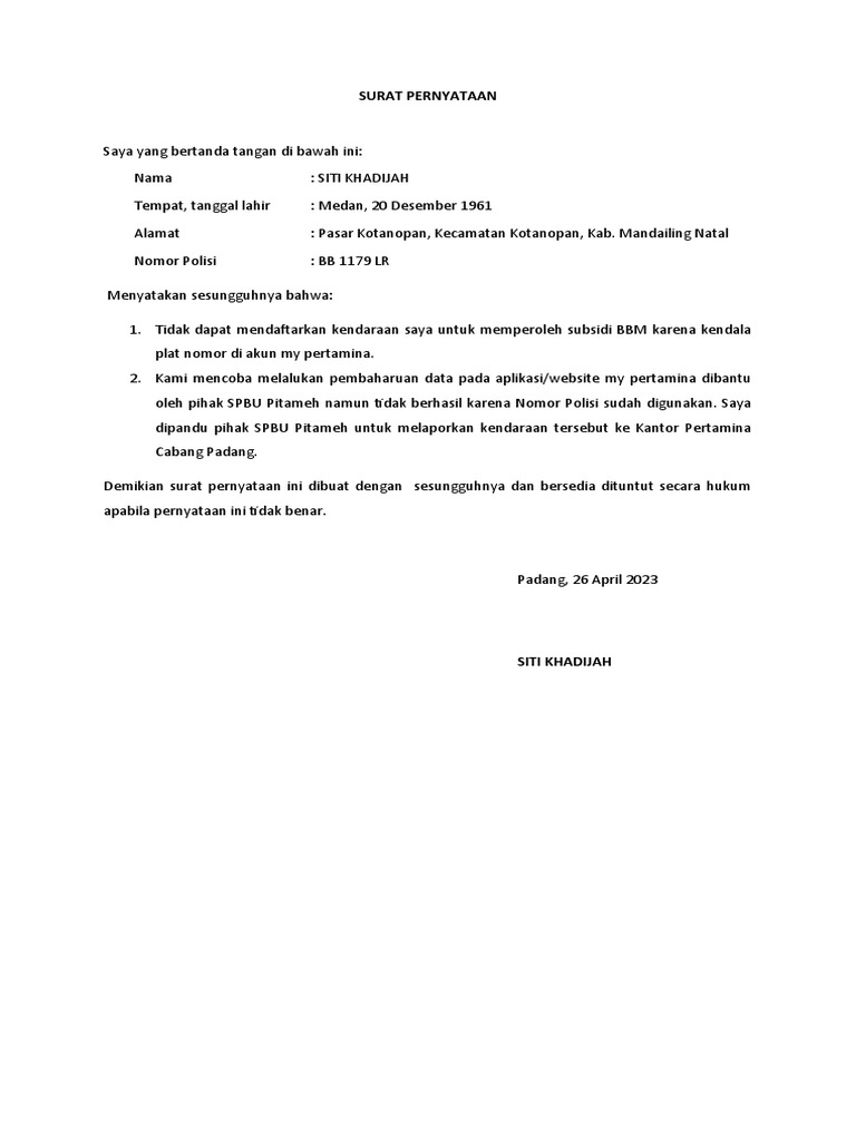 Surat Pernyataan My Pertamina | PDF