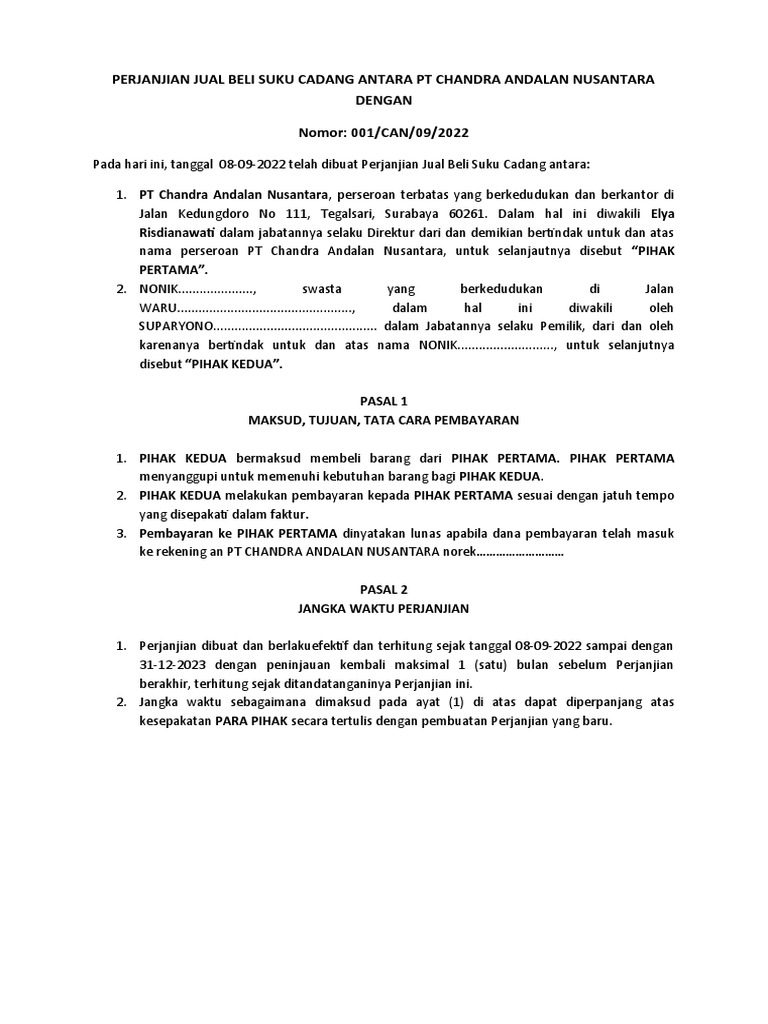 Perjanjian Jual Beli Suku Cadang 2022 | PDF | Pengelolaan Keuangan ...