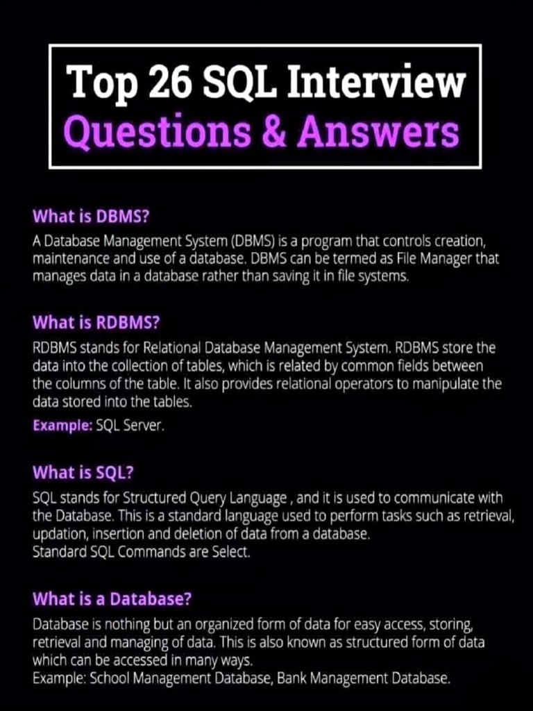 Questions & Answers: Top 26 SQL Interview | PDF | Relational Database | Sql