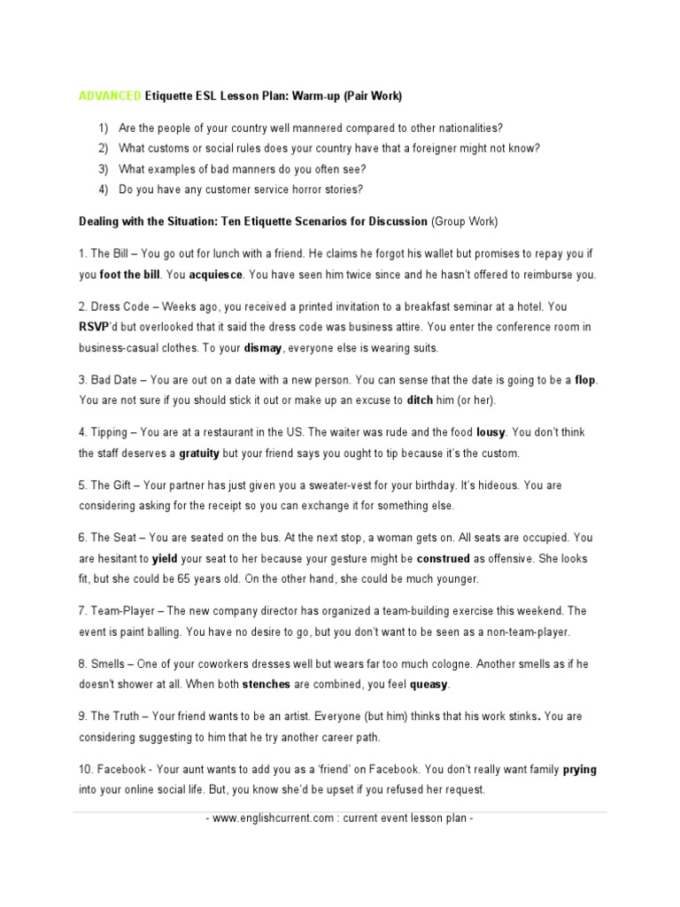 Etiquette Manners Advanced 03052012 | PDF