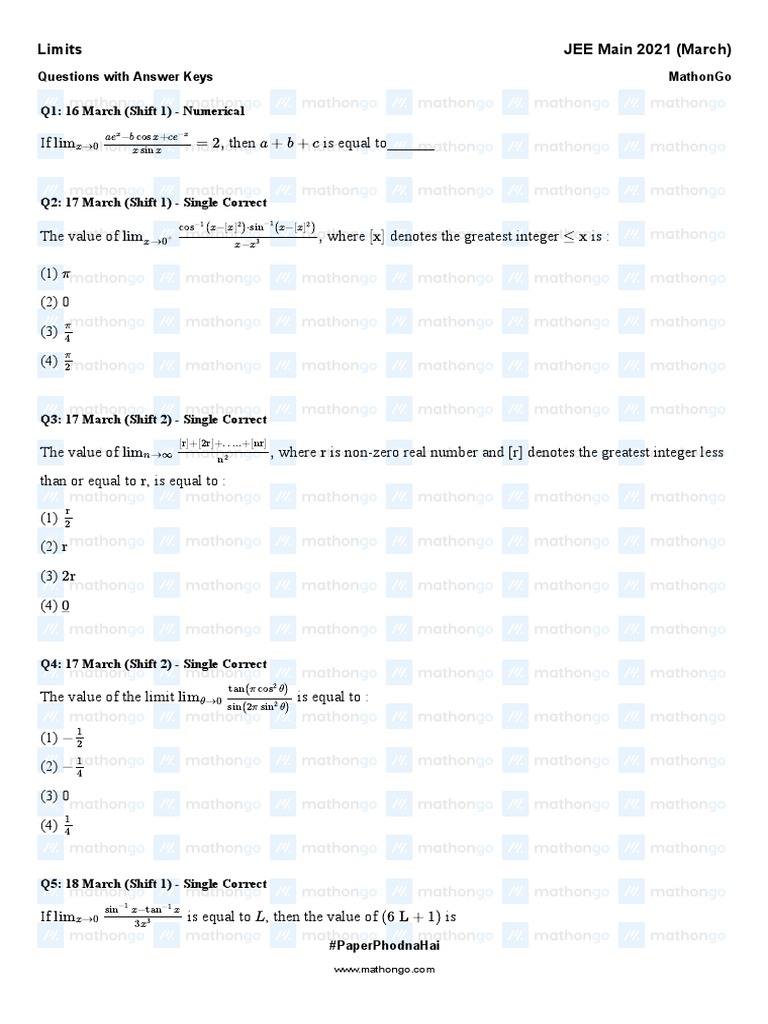Mathongo Question Limits Jee Main 2021 March Chapterwise ed7A8cvkageM1jPGVd6O | PDF ...