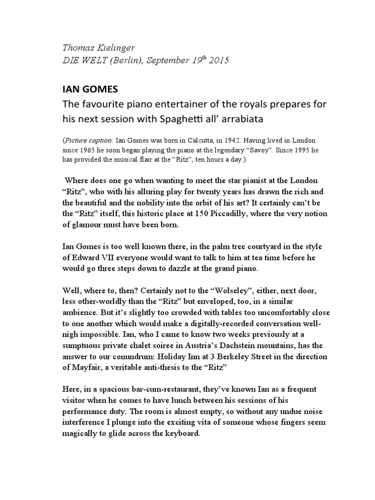 Ian Gomes: The Favourite Piano Entertainer of The Royals Prepares For ...