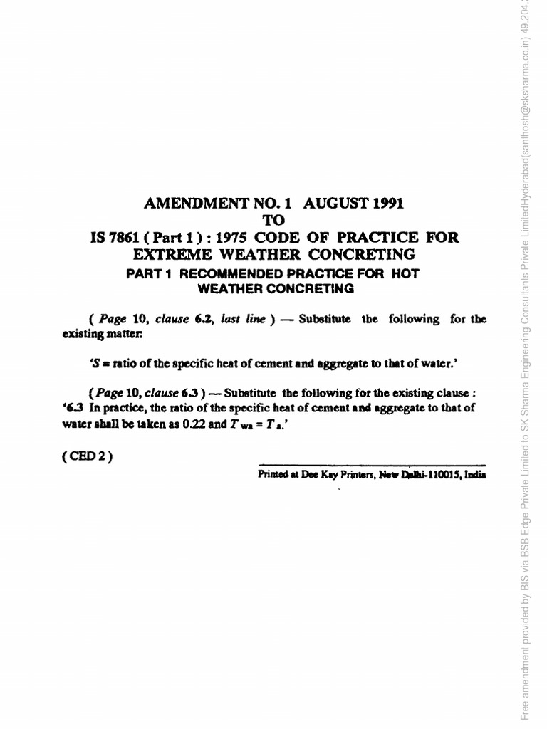 1991 TO Is 78'1 (Part 1) : 1975 Code of Practice For Extreme Weather Concreting Weatherconcrenng ...